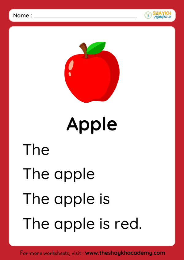 Easy Reading Fluency Worksheet on 'Apple' for Kids