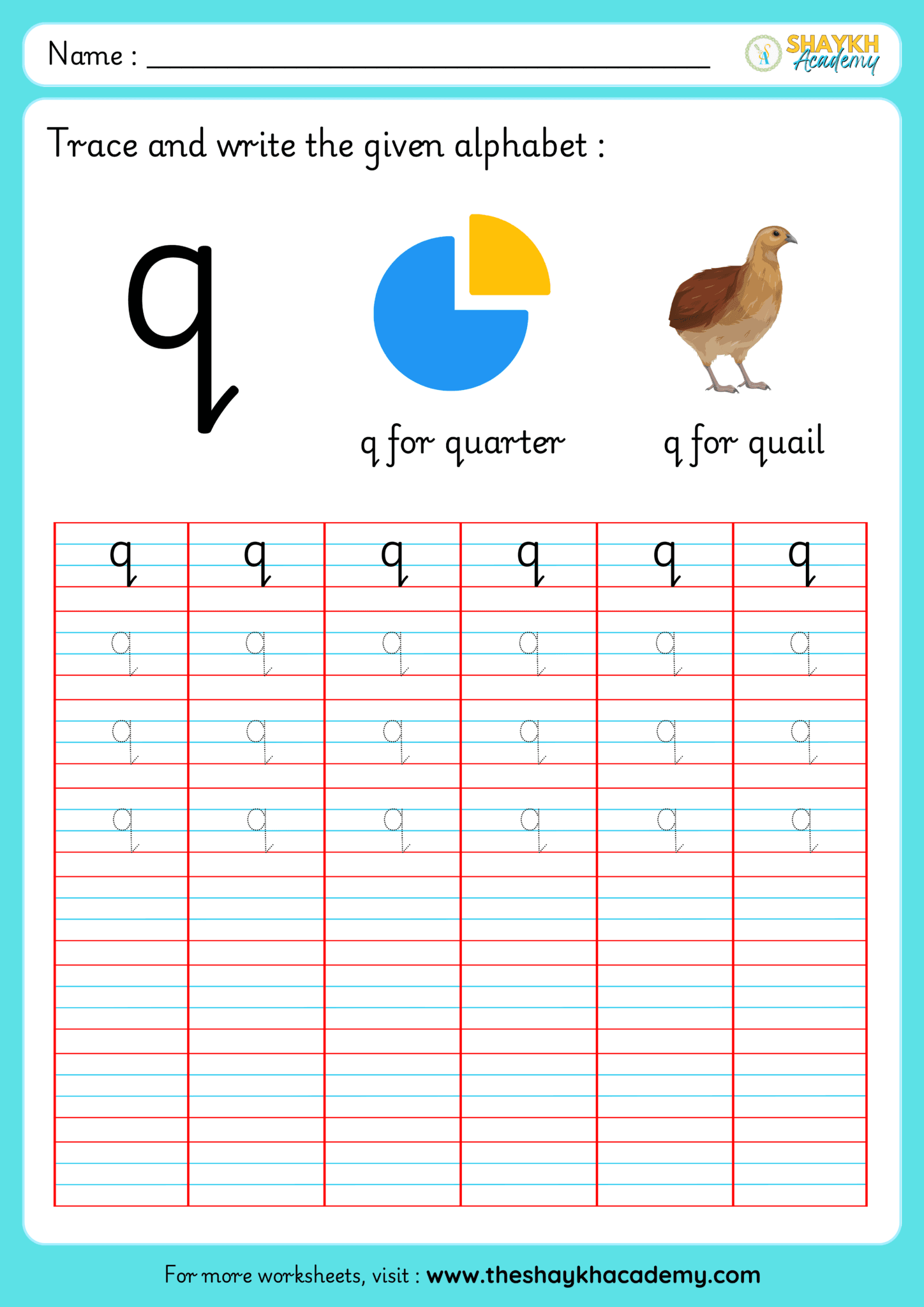 Learn to write English Small Letter 'q' Worksheet