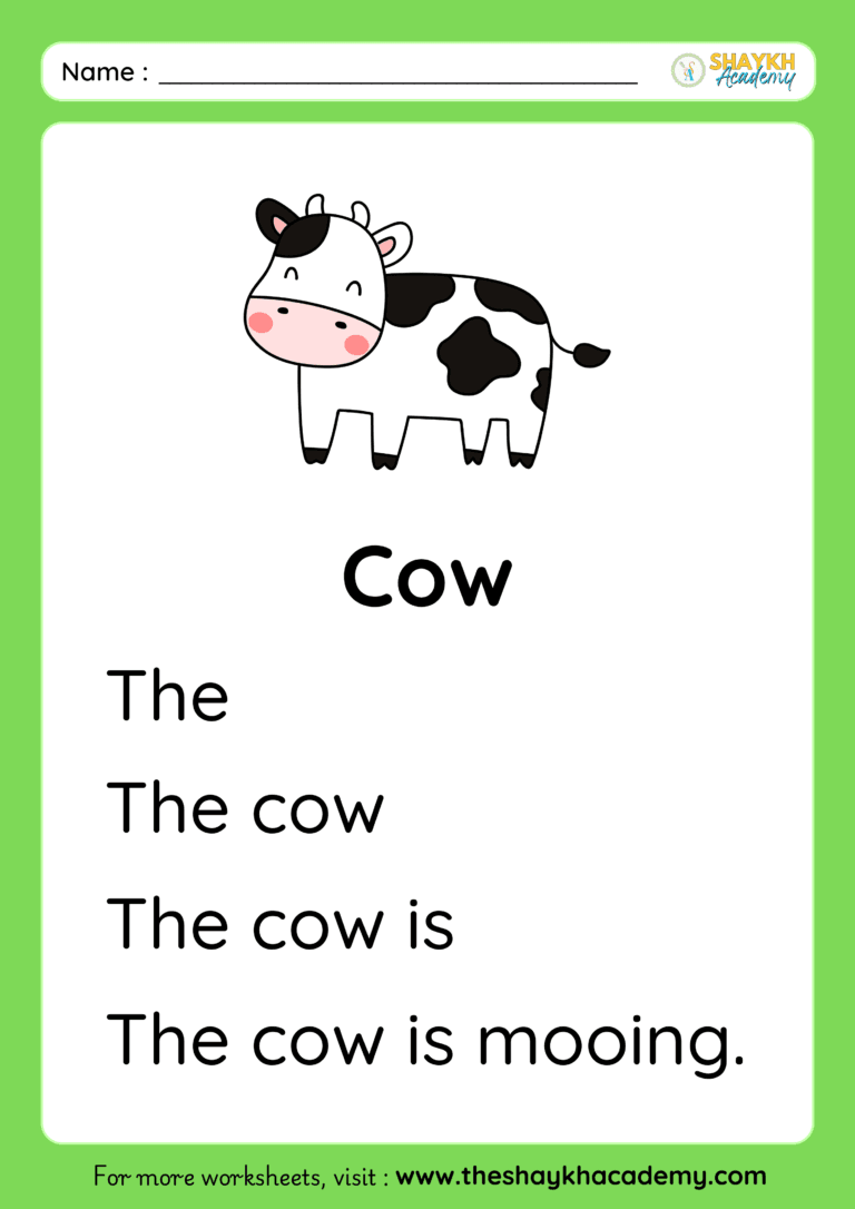 Easy Reading Fluency Worksheet on 'Cow' for Kids