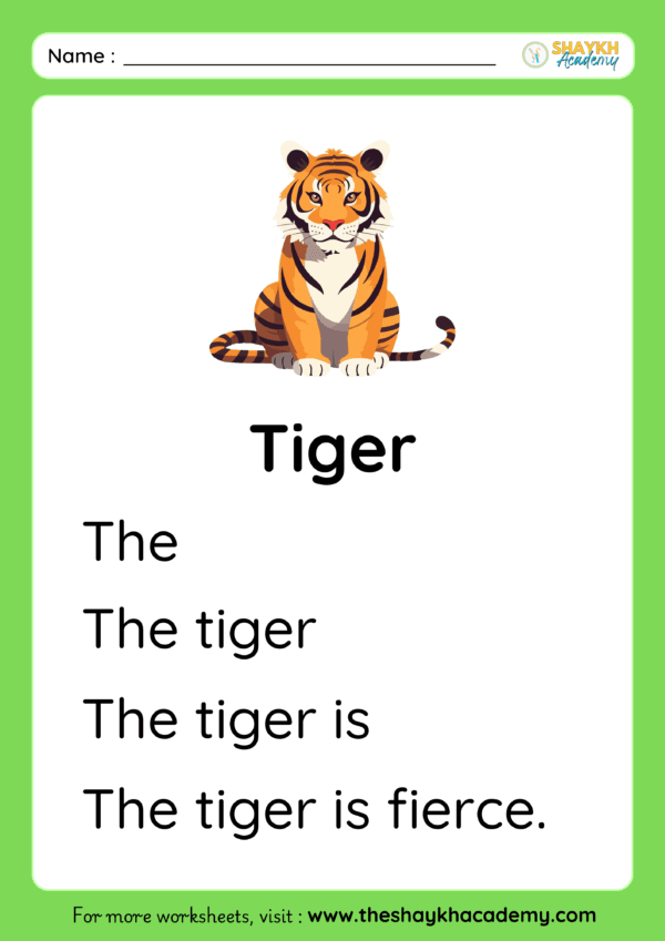 Easy Reading Fluency Worksheet on 'Tiger' for Kids