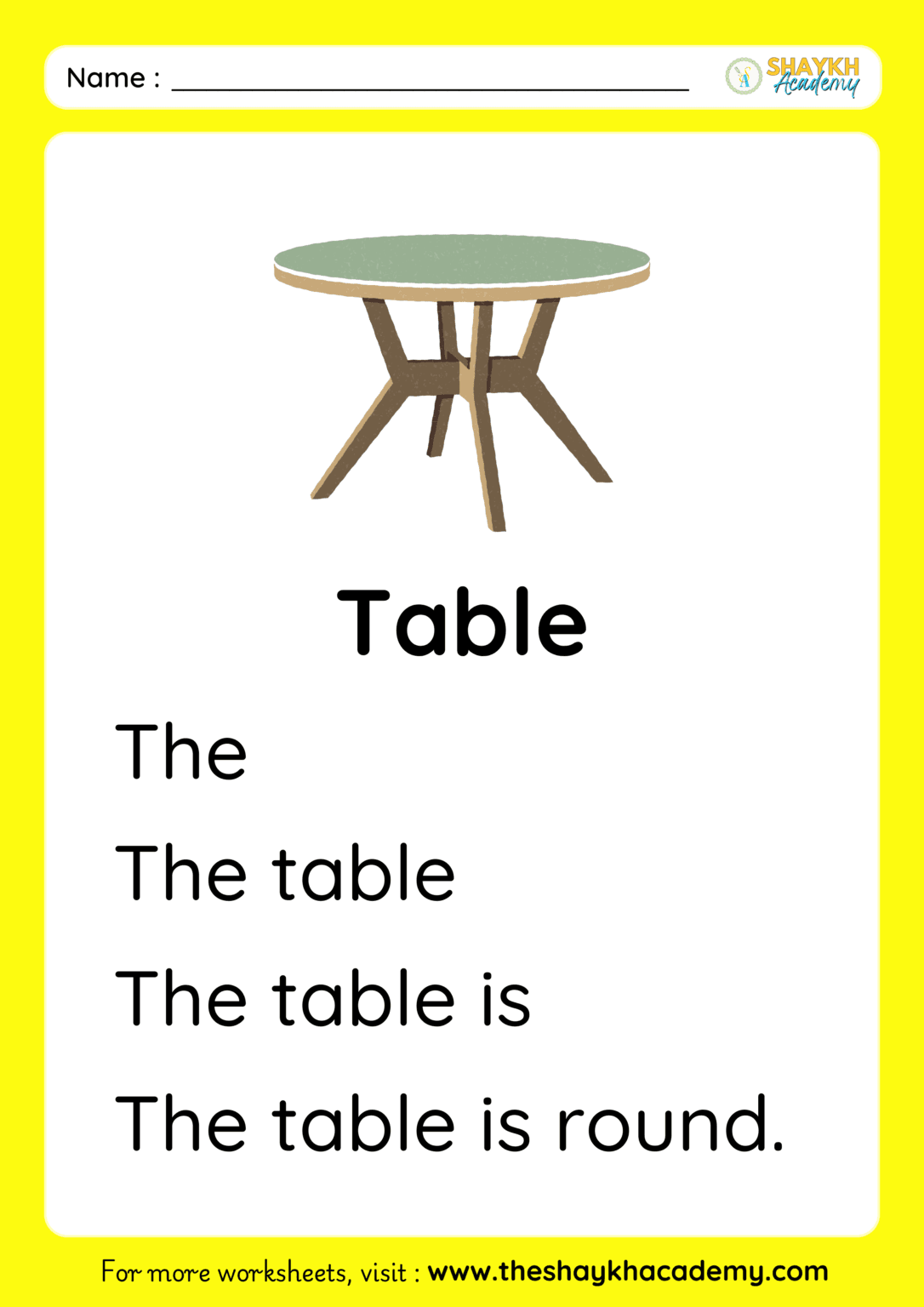 Easy Reading Fluency Worksheet on 'Table' for Kids