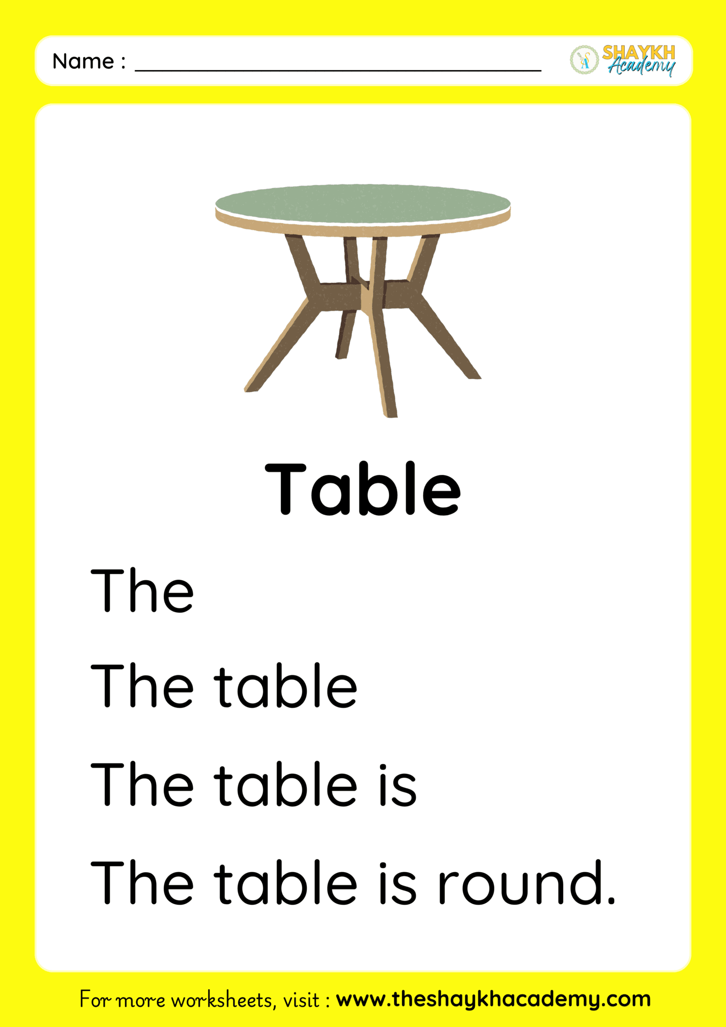Easy Reading Fluency Worksheet on 'Table' for Kids
