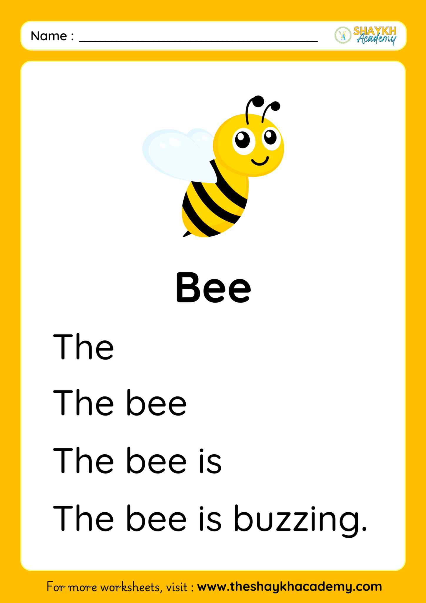 Easy Reading Fluency Worksheet on 'Bee' for Kids