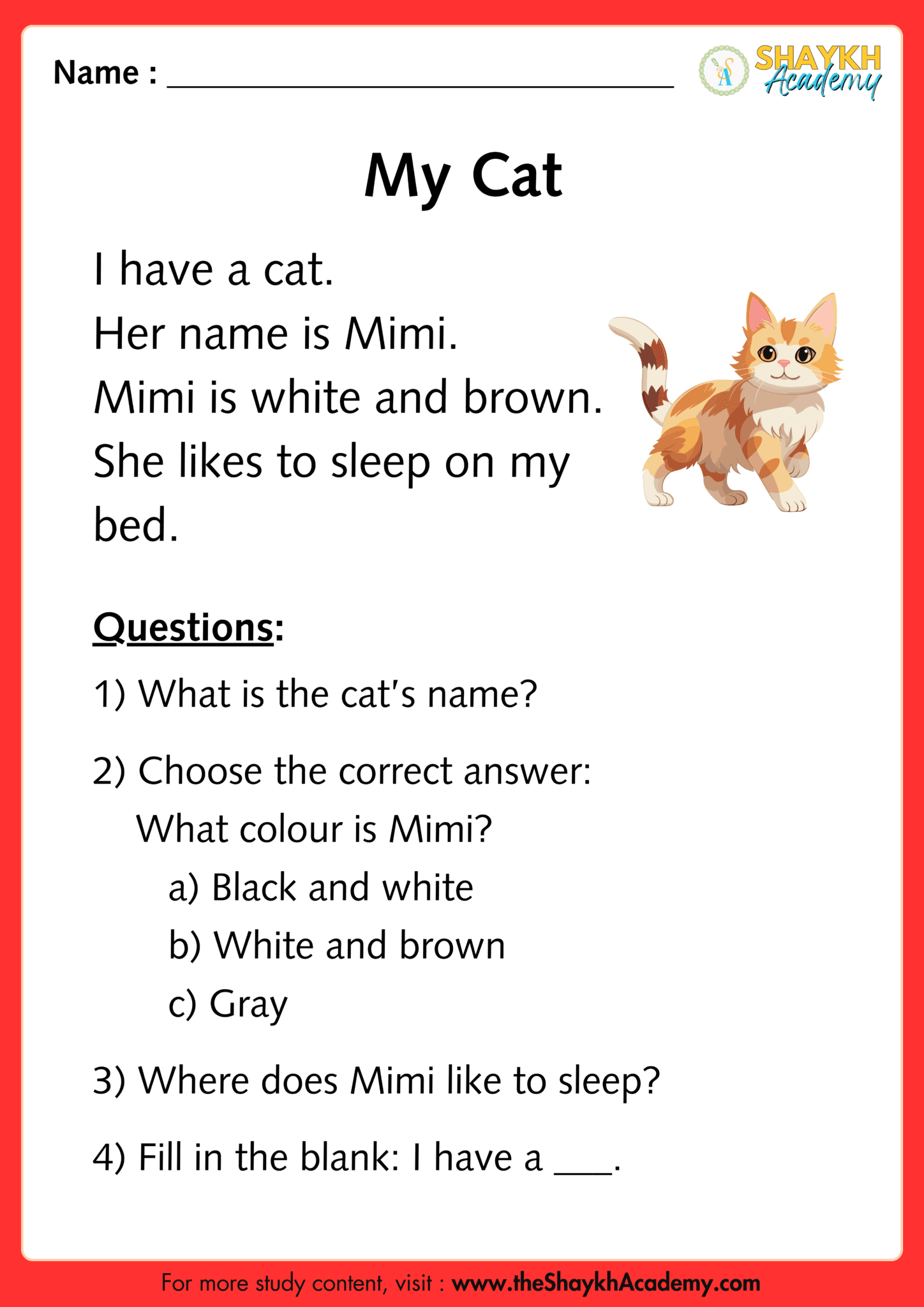 English Beginner Level Passage on "My Cat"