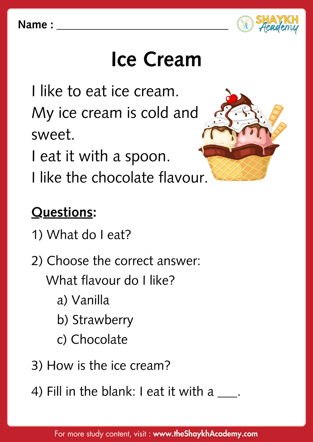 English Beginner Level Passage on "Ice Cream"