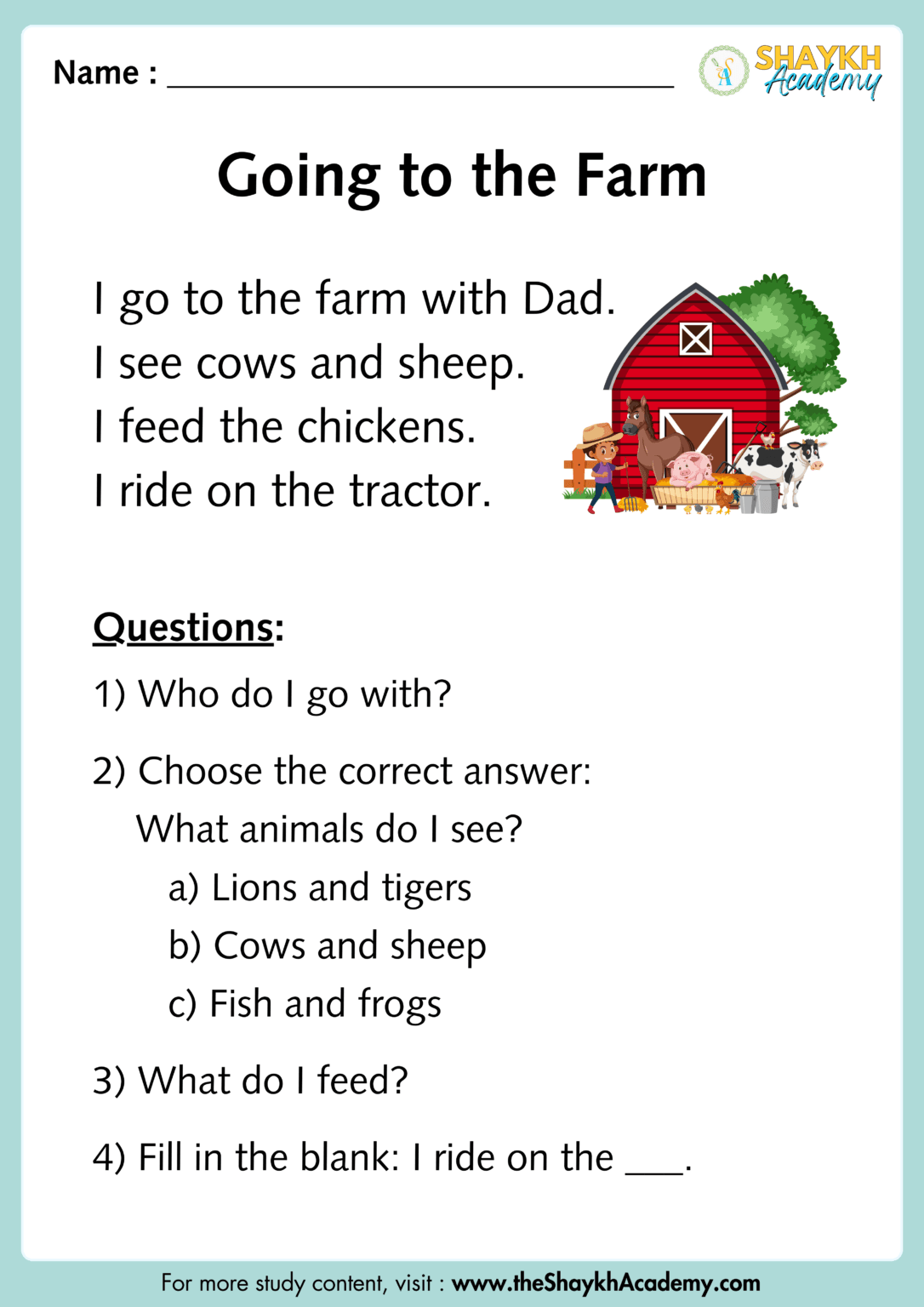 English Beginner Level Passage on "Going to the Farm"