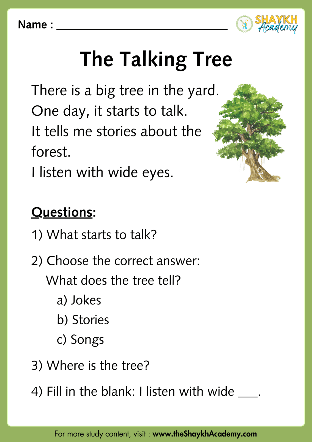 English Beginner Level Passage on "The Talking Tree"