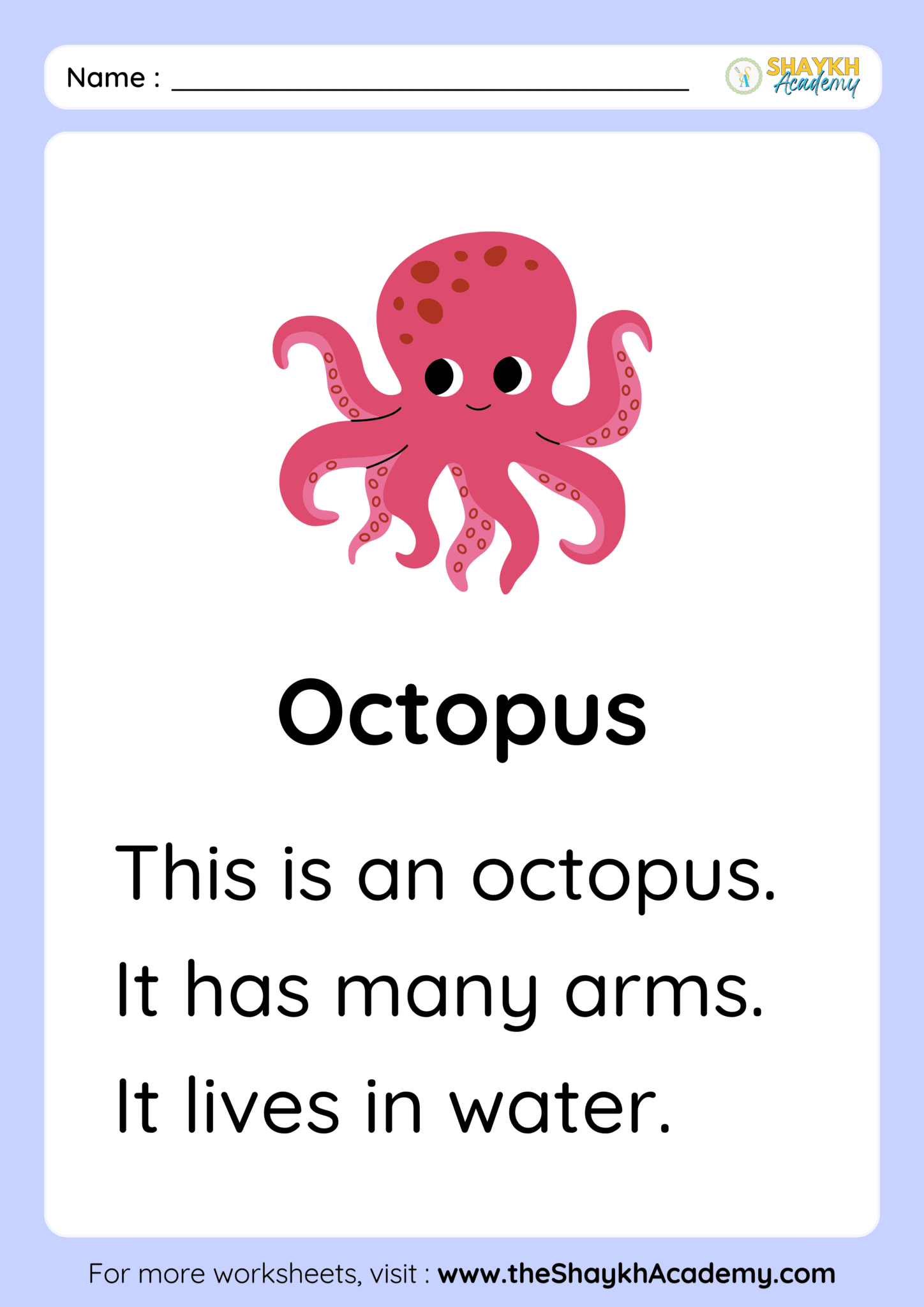 Easy Reading Fluency Worksheet on 'Octopus' for Kids
