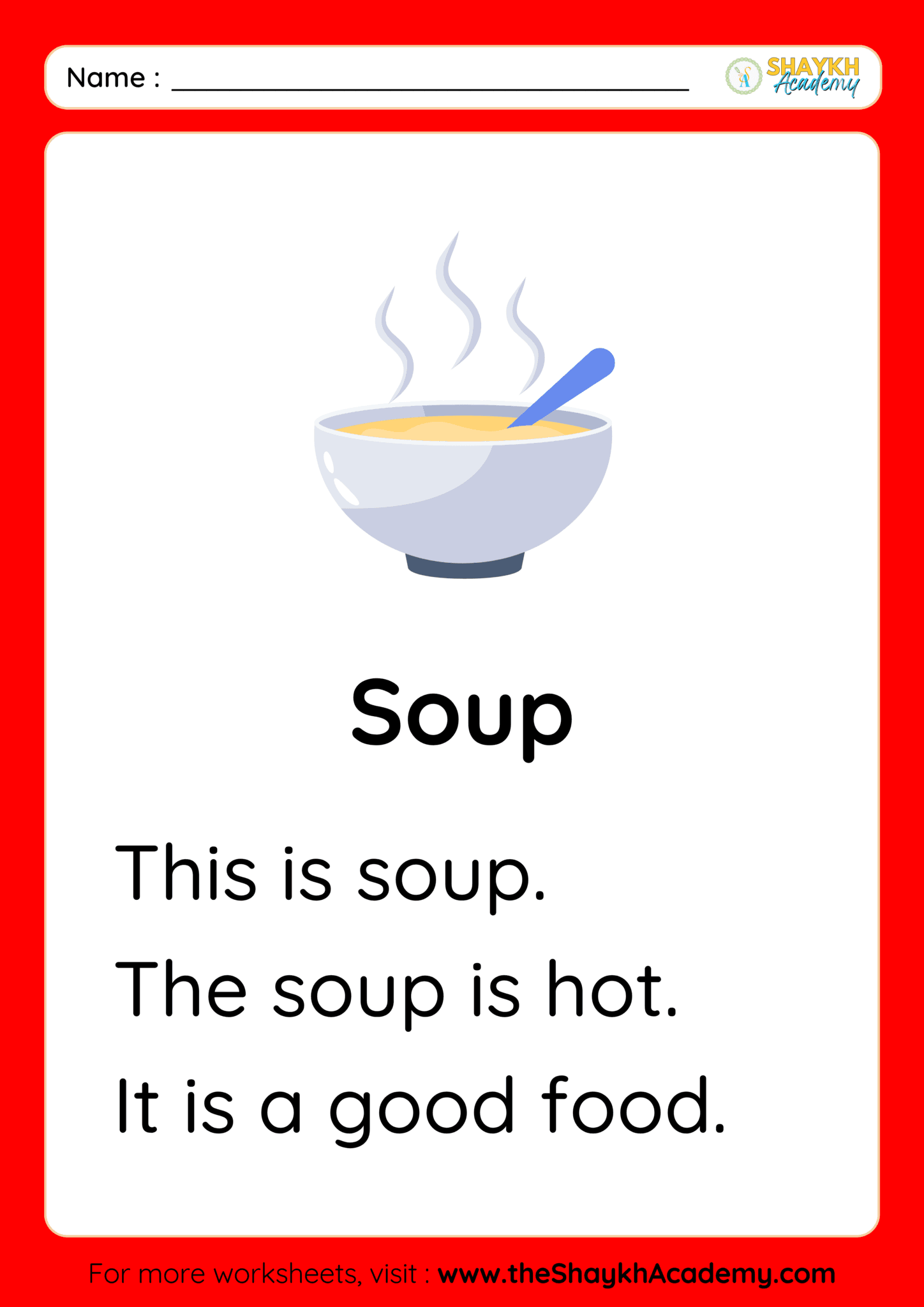 Easy Reading Fluency Worksheet on 'Soup' for Kids