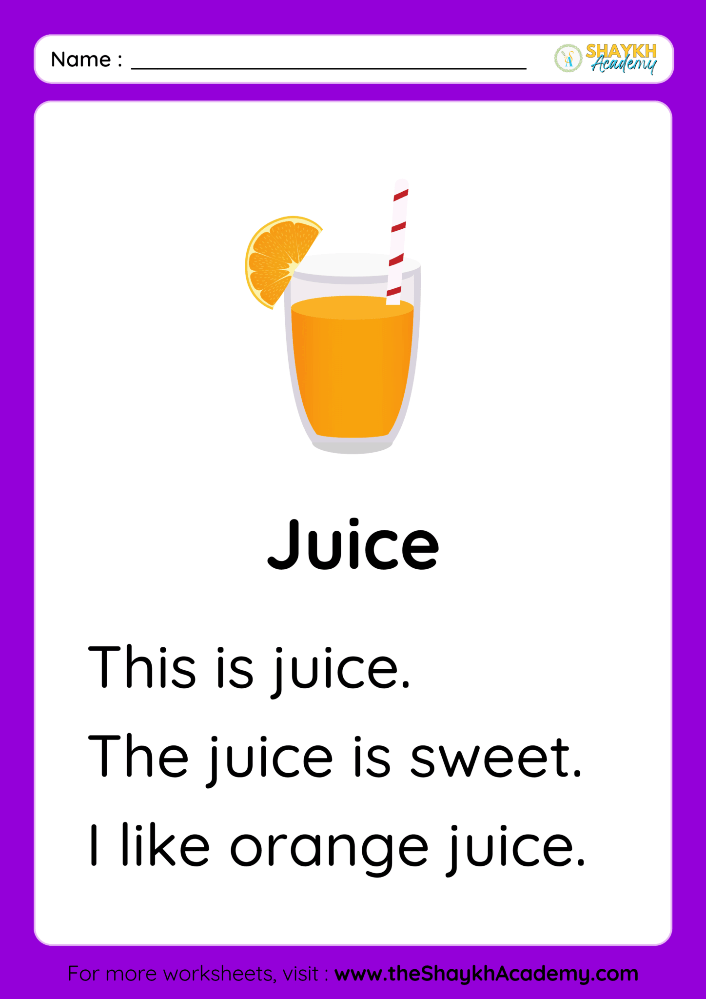 Easy Reading Fluency Worksheet on 'Juice' for Kids