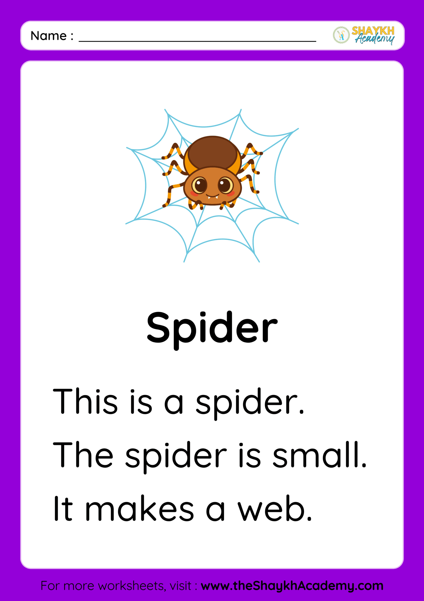 Easy Reading Fluency Worksheet on 'Spider' for Kids