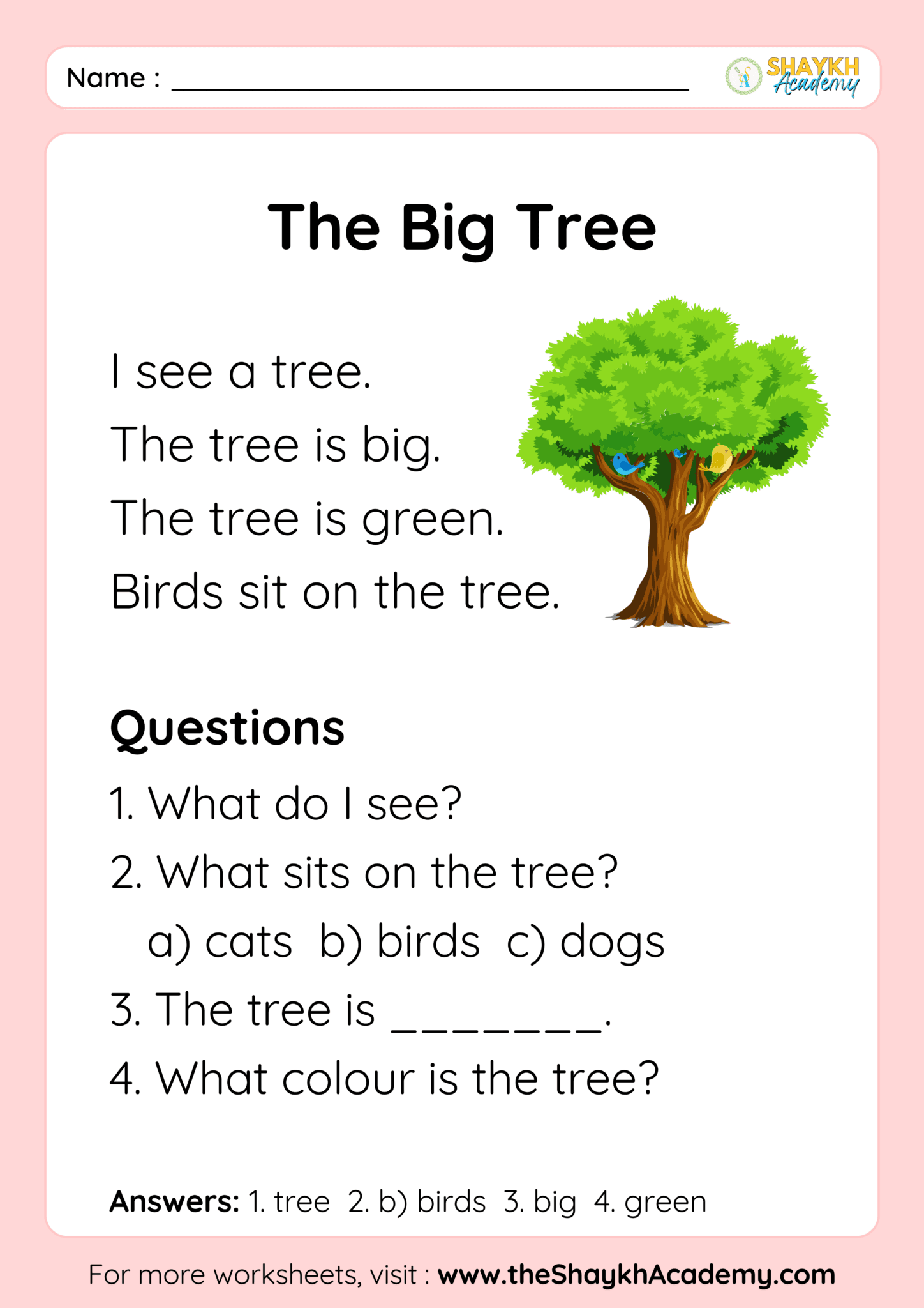 Easy Reading Fluency Worksheet on 'The Big Tree' for Kids
