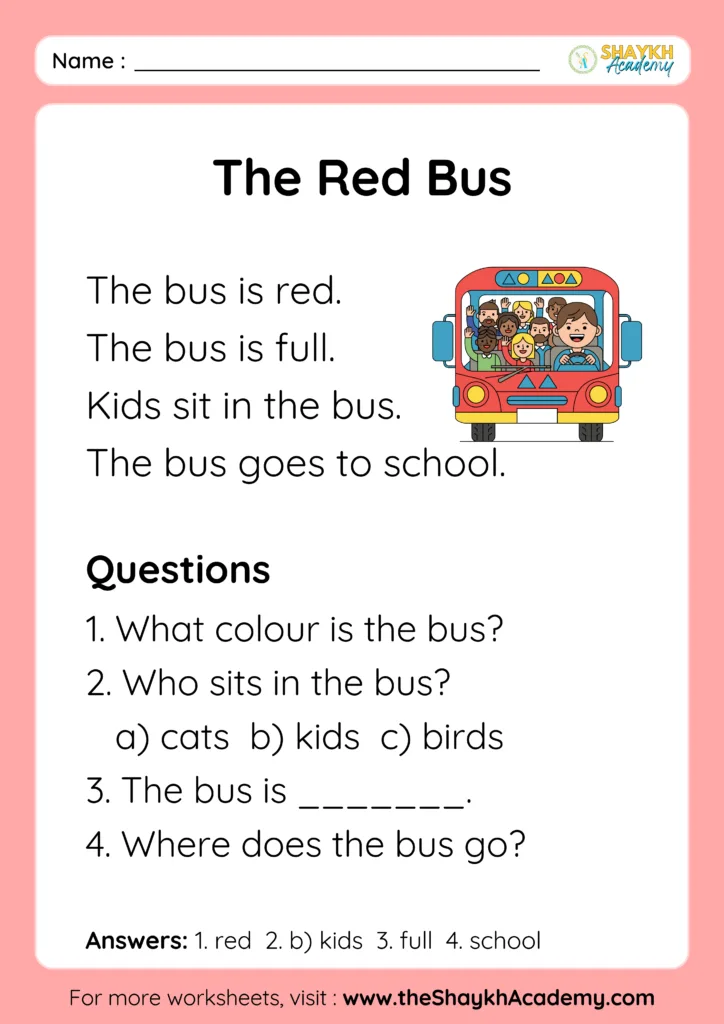 Easy Reading Fluency Worksheet on 'The Red Bus' for Kids