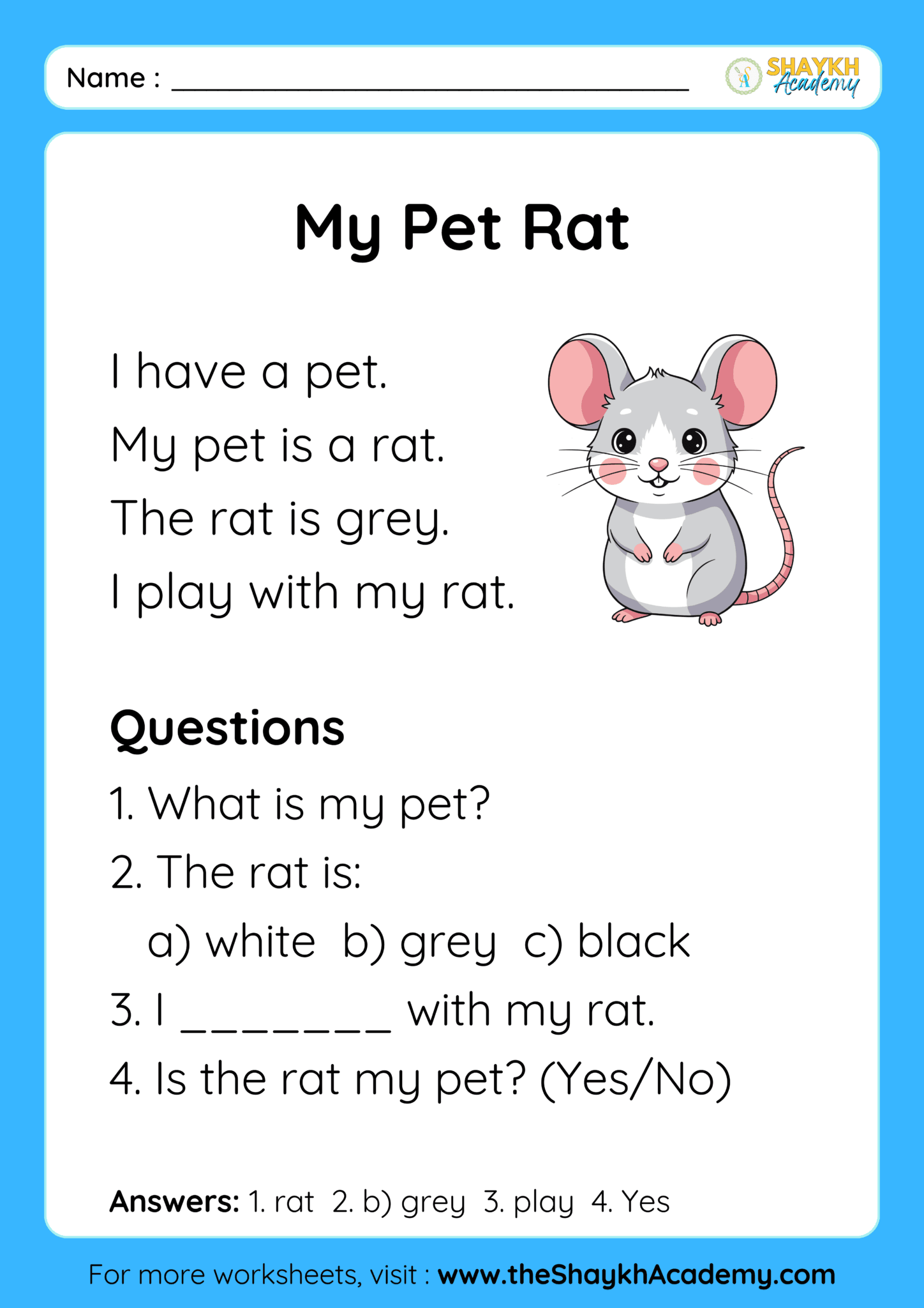 Easy Reading Fluency Worksheet on 'My Pet Rat' for Kids