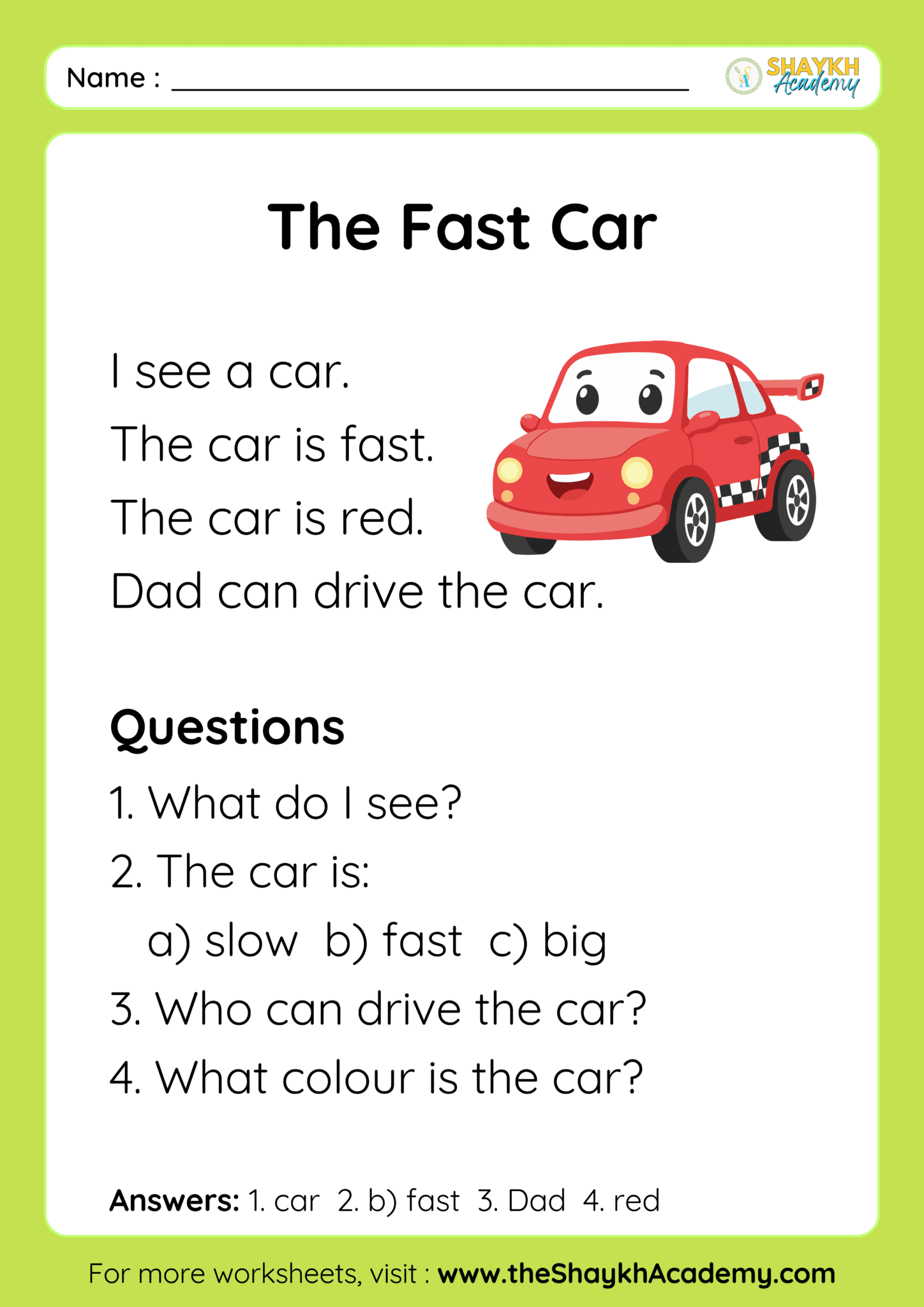 Easy Reading Fluency Worksheet on 'The Fast Car' for Kids