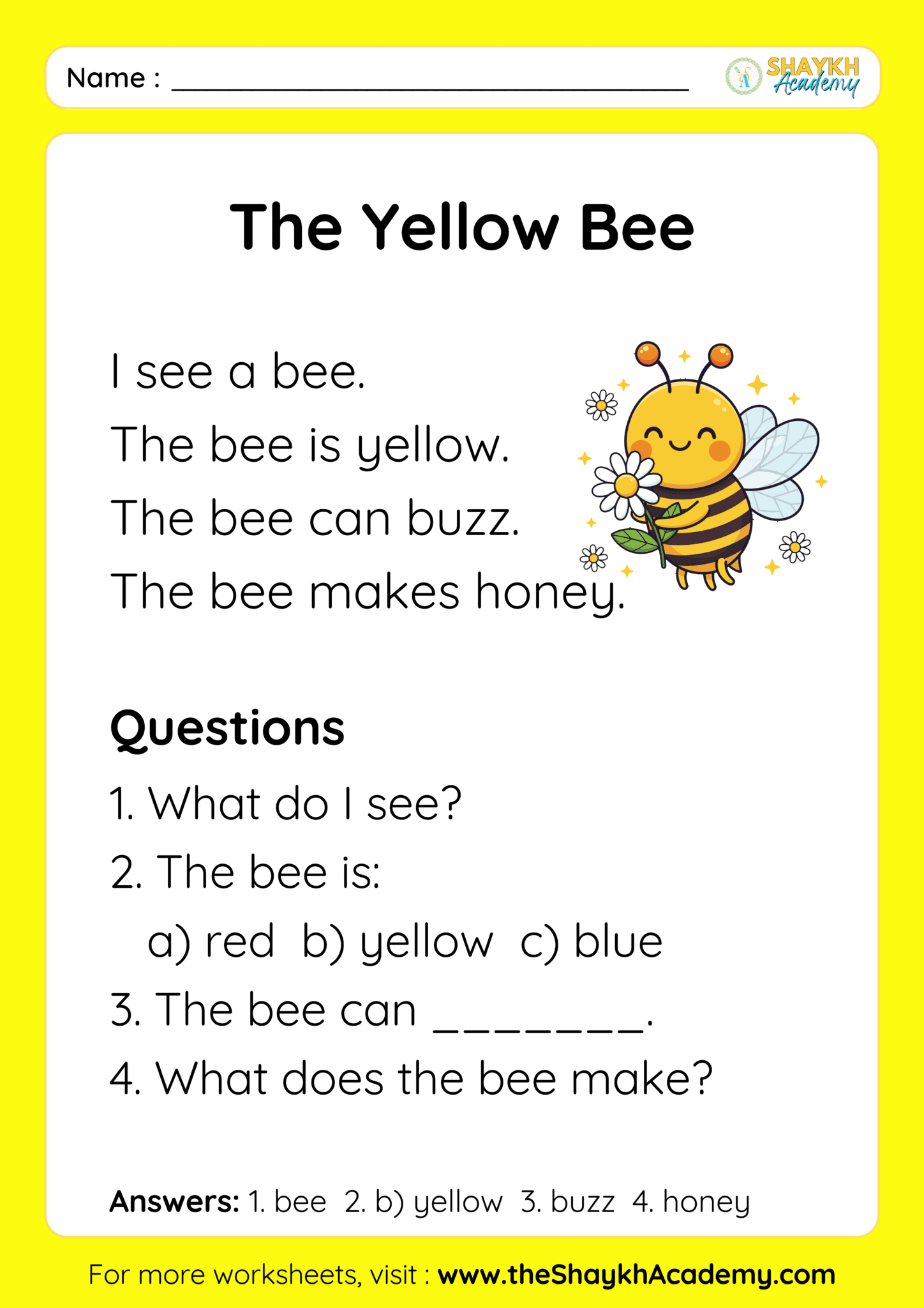 Easy Reading Fluency Worksheet on 'The Yellow Bee' for Kids
