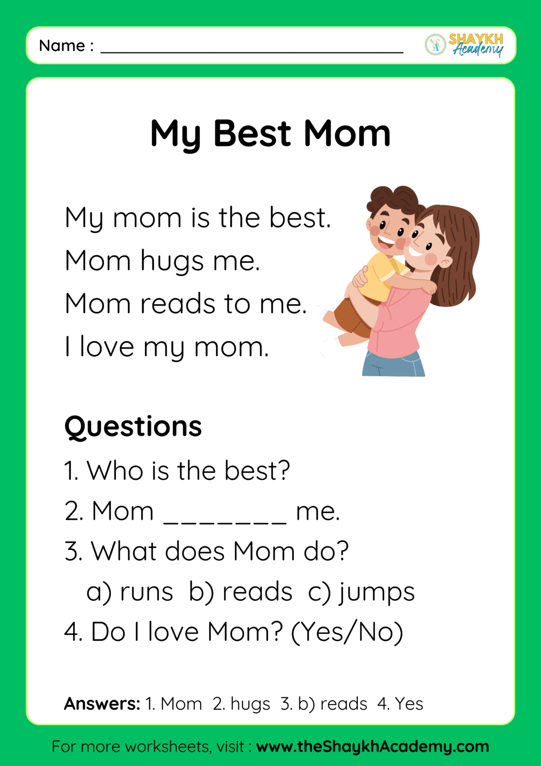 Easy Reading Fluency Worksheet on 'My Best Mom' for Kids