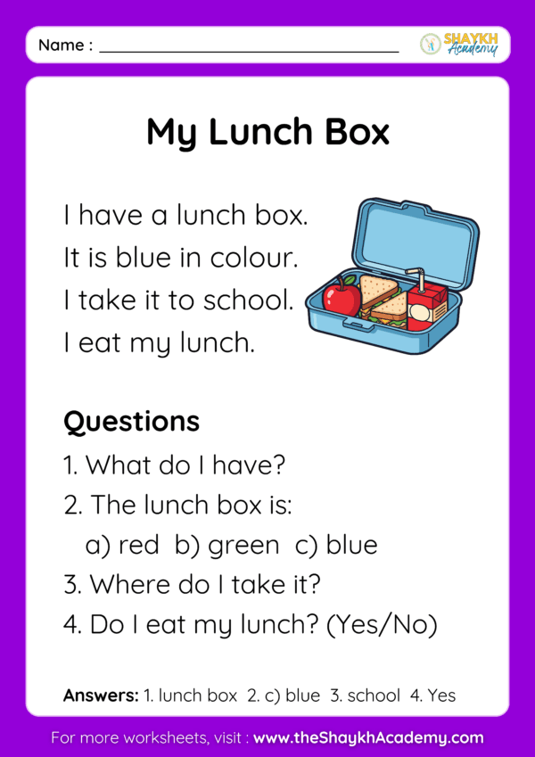 Easy Reading Fluency Worksheet on 'My Lunch Box' for Kids