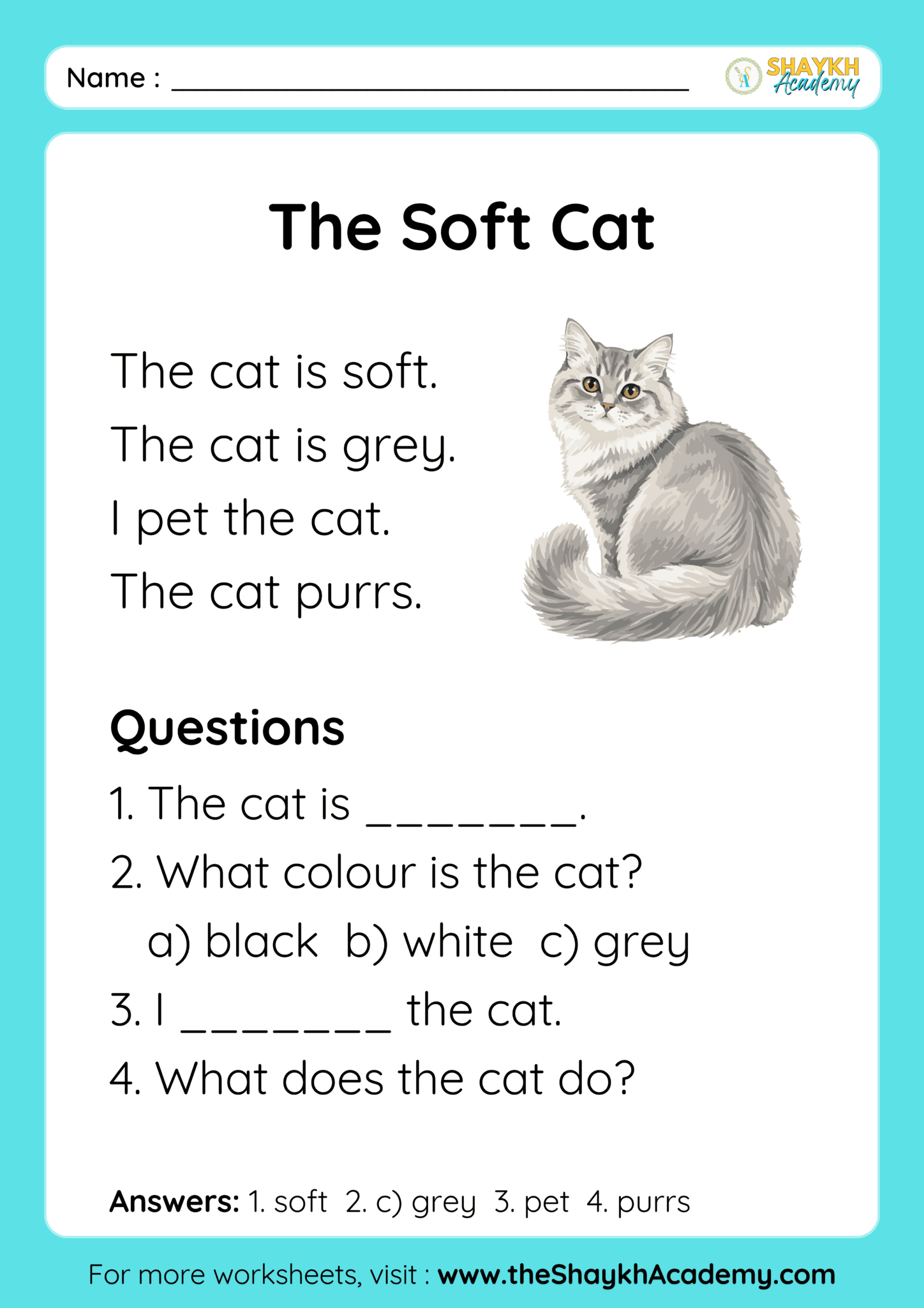 Easy Reading Fluency Worksheet on 'The Soft Cat' for Kids