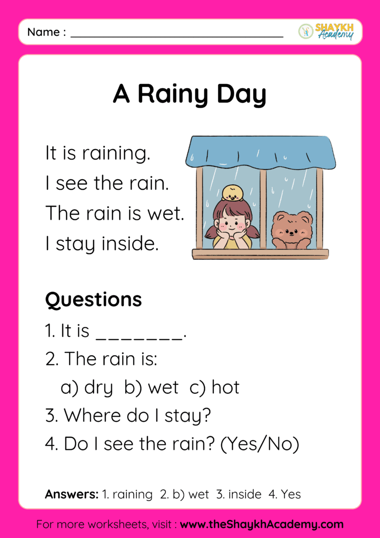 Easy Reading Fluency Worksheet on 'A Rainy Day' for Kids