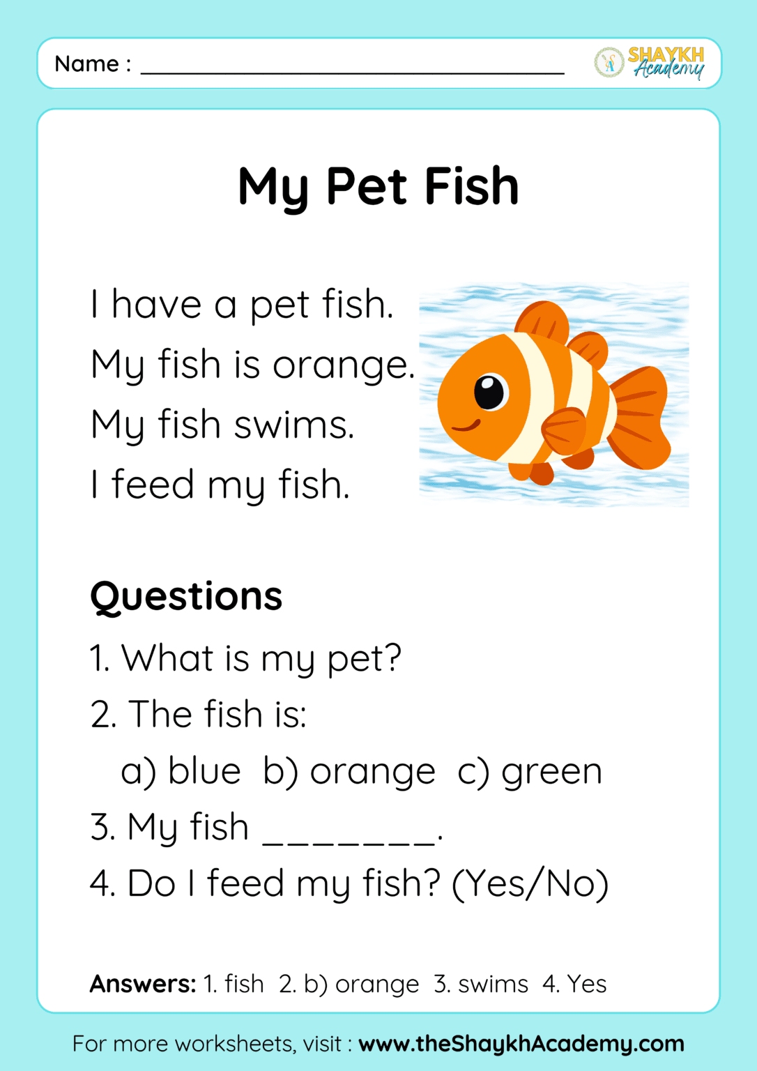 Easy Reading Fluency Worksheet on 'My Pet Fish' for Kids