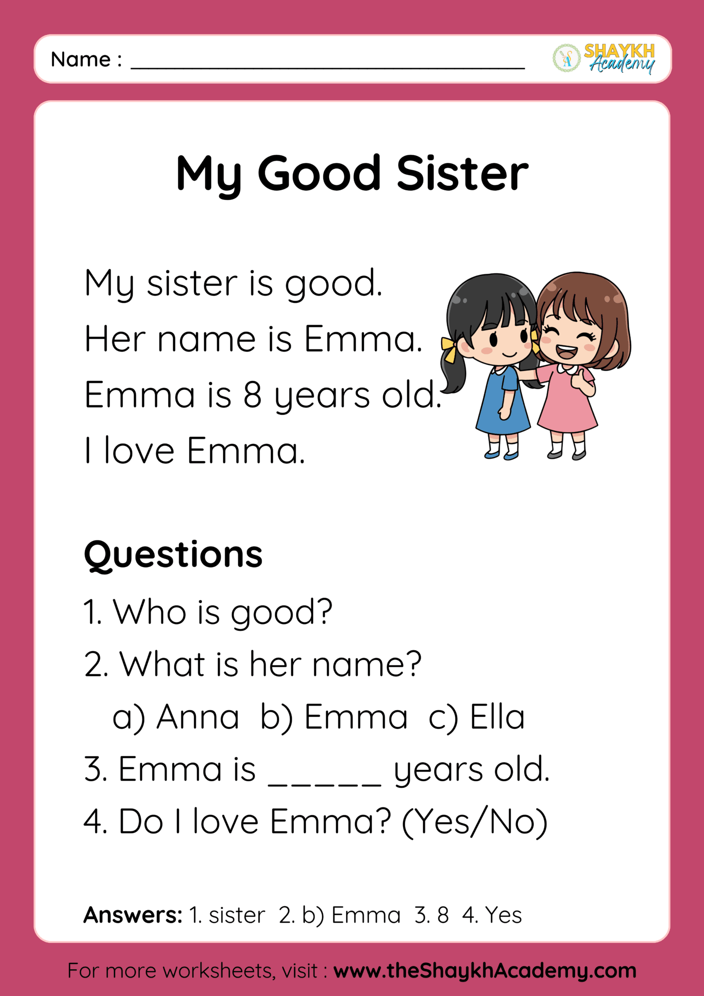 Easy Reading Fluency Worksheet on 'My Good Sister' for Kids