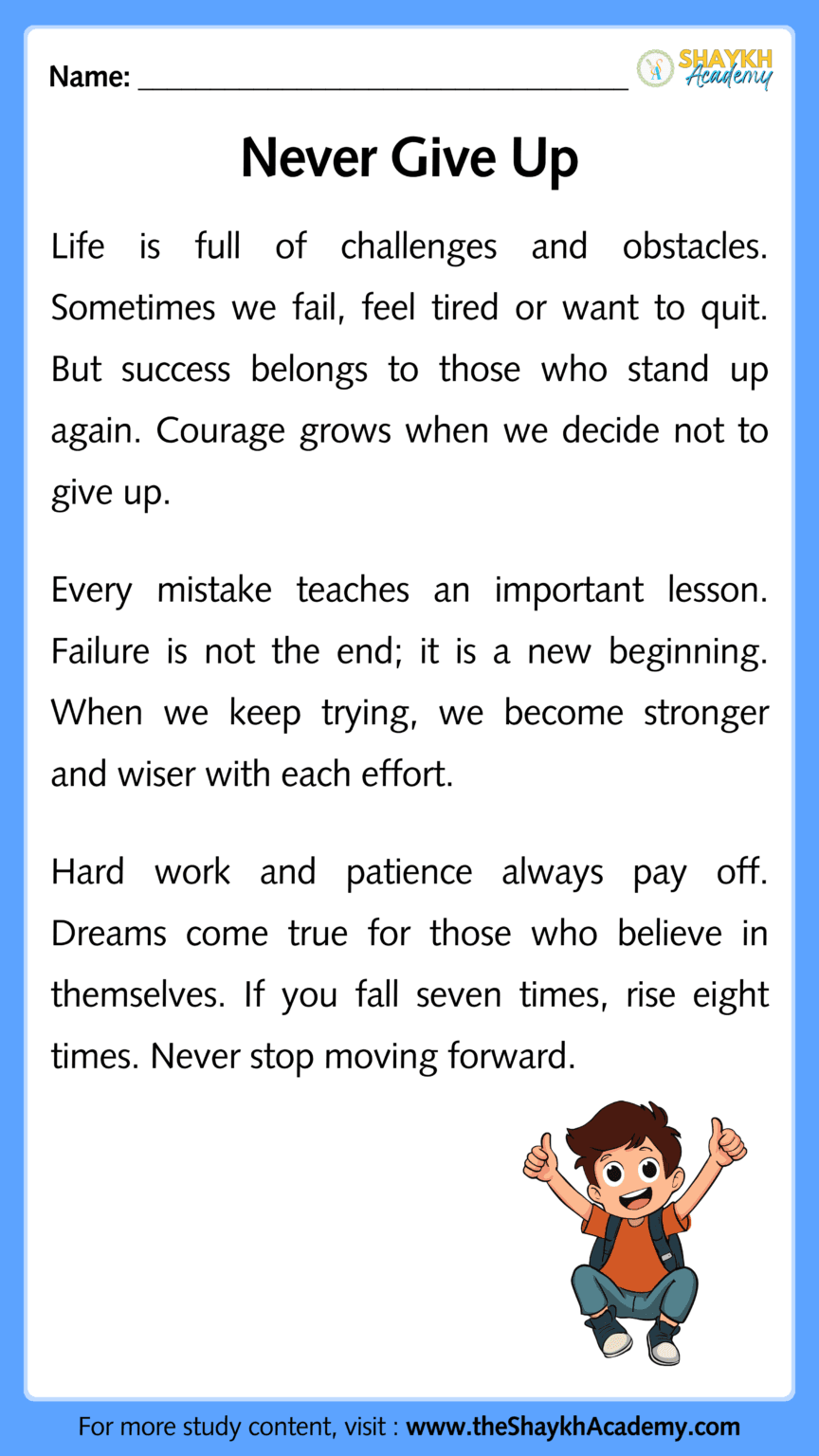 Practice English Reading with 'Never Give Up'